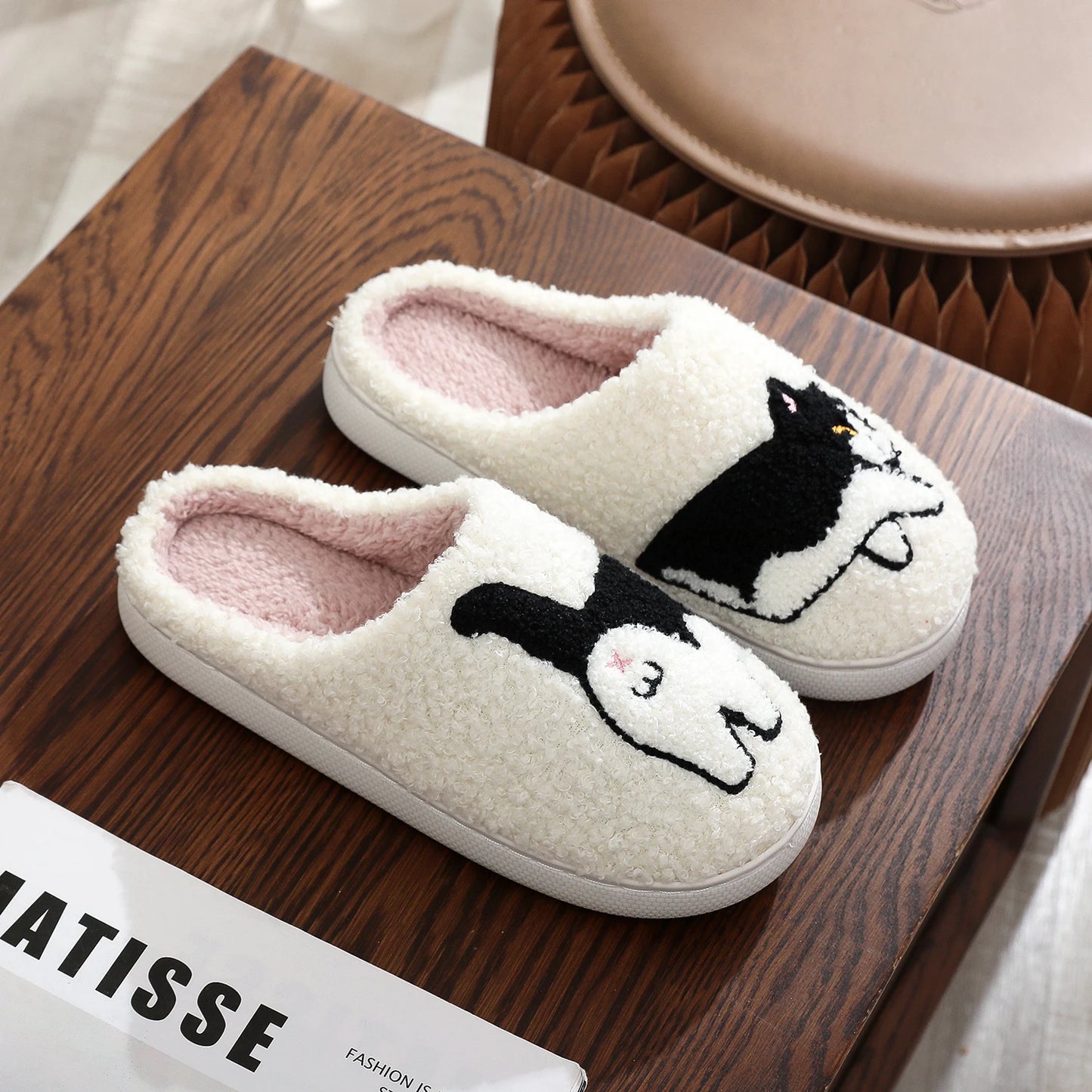 Cow Cat Pet Pattern Embroidered Plush Home Thick-Soled Comfortable Woo ...